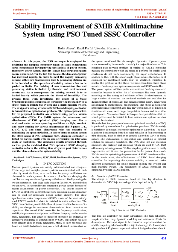 (PDF) IJERT-Stability Improvement of SMIB &Multimachine System using PSO Tuned SSSC Controller