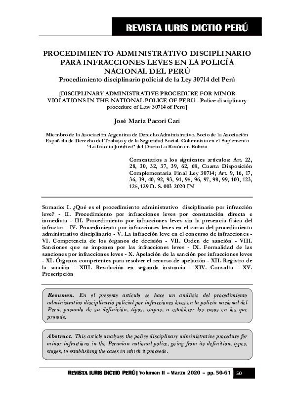 (PDF) PROCEDIMIENTO DISCIPLINARIO POLICIAL INFRACCIONES LEVES AUTOR JOSE MARIA PACORI ...