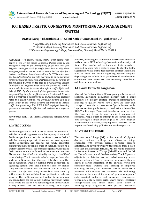 Pdf Iot Based Traffic Congestion Monitoring And Management System