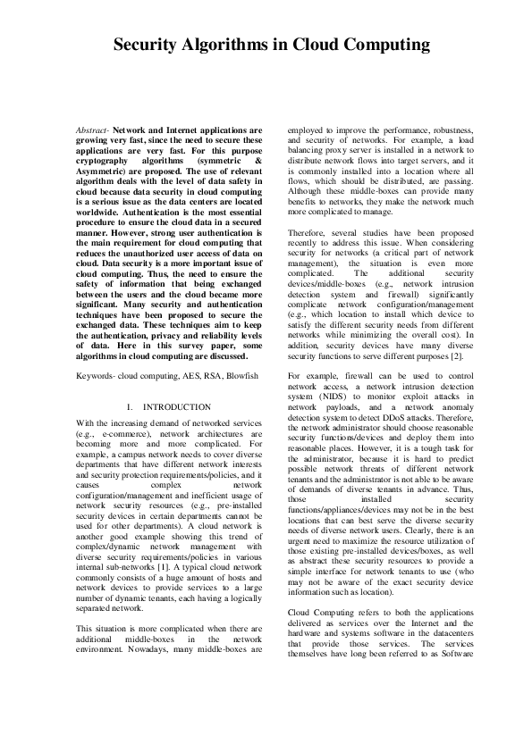 (PDF) Security Algorithms in Cloud Computing