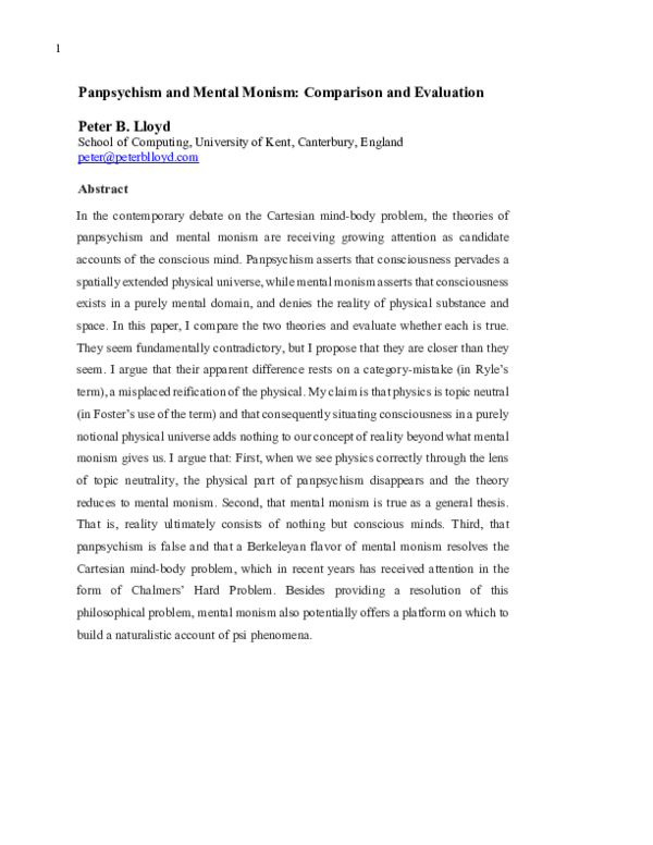(PDF) Panpsychism and Mental Monism: Comparison and Evaluation