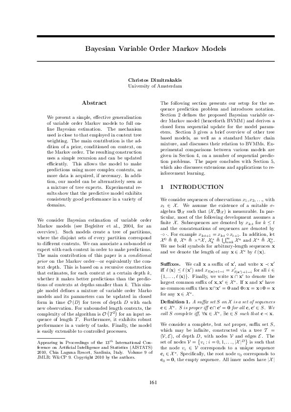 (PDF) Bayesian variable order Markov models