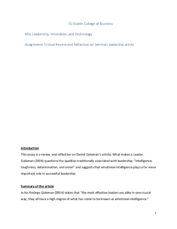 (PDF) Critical Review and Reflection on Seminal Leadership article