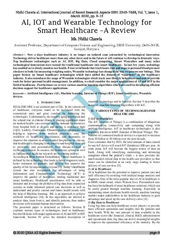 (PDF) AI, IOT and Wearable Technology for Smart Healthcare -A Review