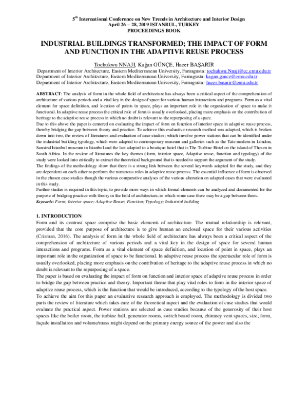 (PDF) INDUSTRIAL BUILDINGS TRANSFORMED; THE IMPACT OF FORM AND FUNCTION ...