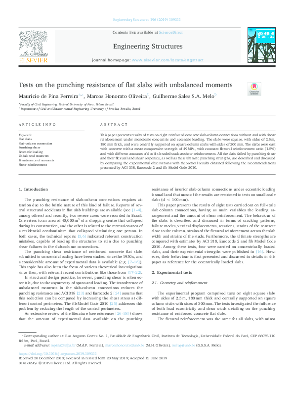 (PDF) Tests on the punching resistance of flat slabs with unbalanced ...