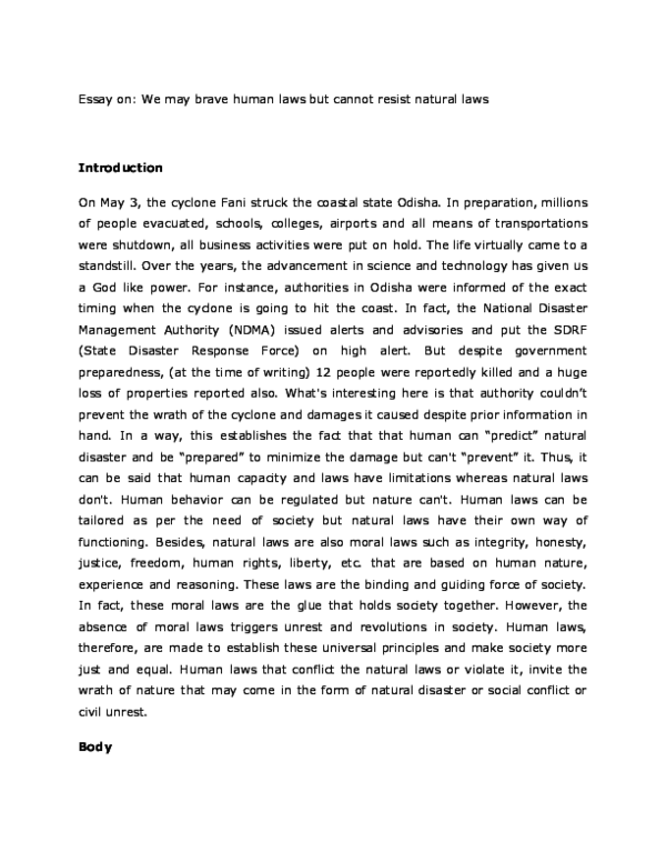 (PDF) Essay on: We may brave human laws but cannot resist natural laws ...