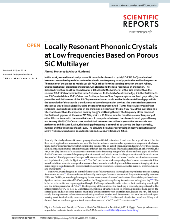 (PDF) Locally Resonant phononic crystals at Low frequencies Based on ...