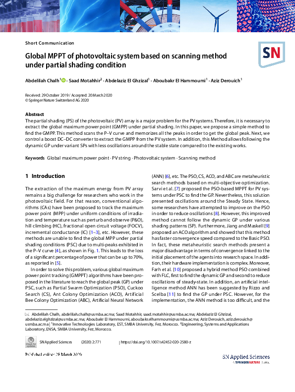 (PDF) Global MPPT of photovoltaic system based on scanning method under partial shading condition