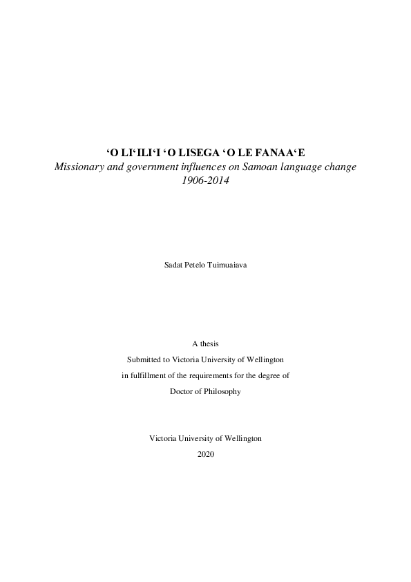 (PDF) 'O LI'ILI'I 'O LISEGA 'O LE FANAA'E Missionary and government ...