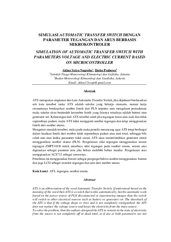 (PDF) Jurnal "SIMULASI AUTOMATIC TRANSFER SWITCH DENGAN PARAMETER TEGANGAN DAN ARUS BERBASIS ...