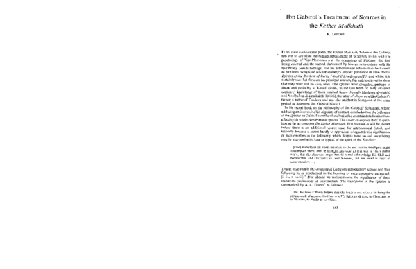 (PDF) Raphael Loewe, “Ibn Gabirol’s Treatment of Sources in the ‘Kether ...