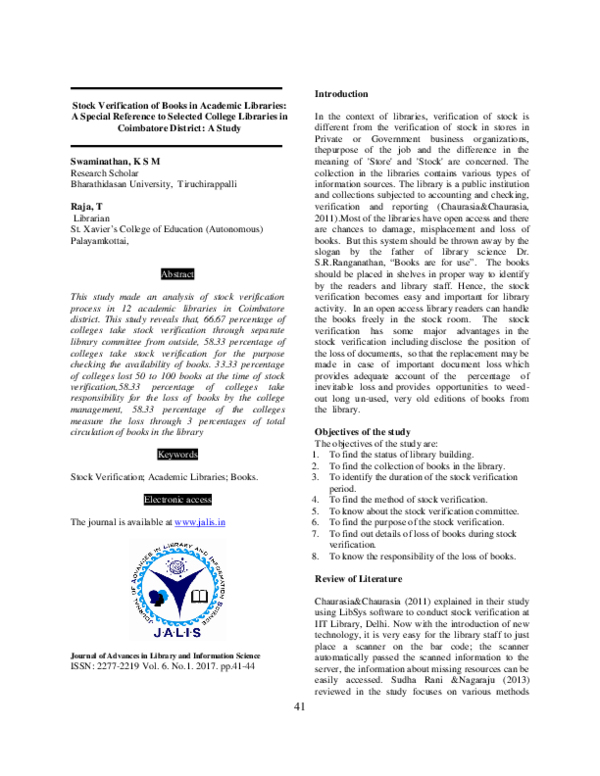 (PDF) Stock Verification of Books in Academic Libraries: A Special Reference to Selected College ...