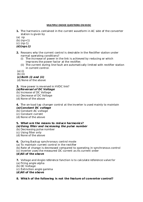 (DOC) MULTIPLE CHOICE QUESTIONS ON HVDC