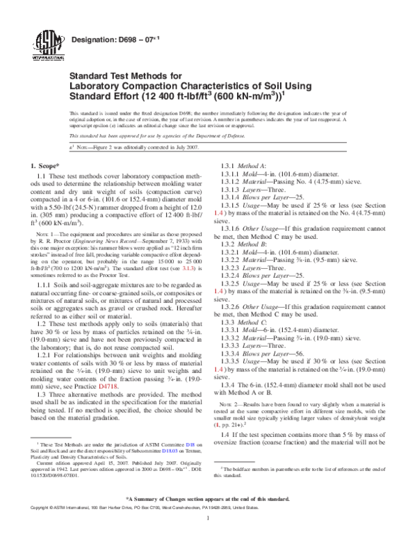 Pdf Standard Test Methods For Laboratory Compaction Characteristics