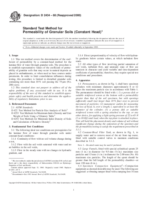 (PDF) Standard Test Method for Permeability of Granular Soils (Constant ...