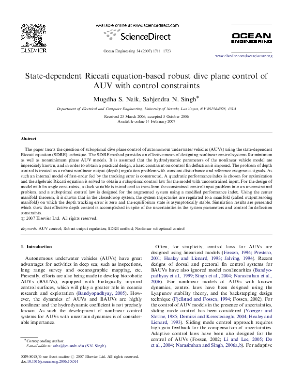 (PDF) State-dependent Riccati equation-based robust dive plane control ...