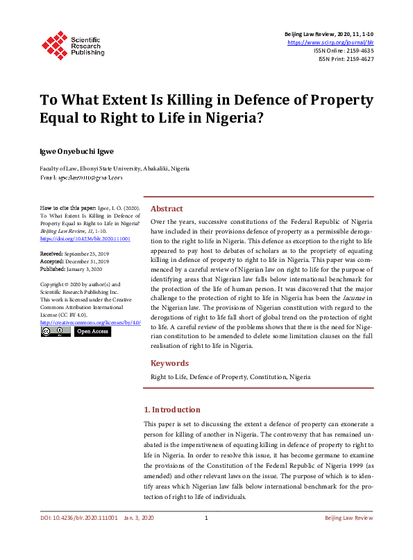 (PDF) To What Extent Is Killing in Defence of Property Equal to Right ...