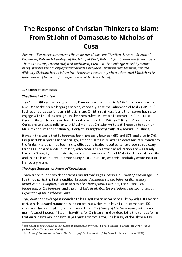 (PDF) The Response of Christian Thinkers to Islam: From St John of ...