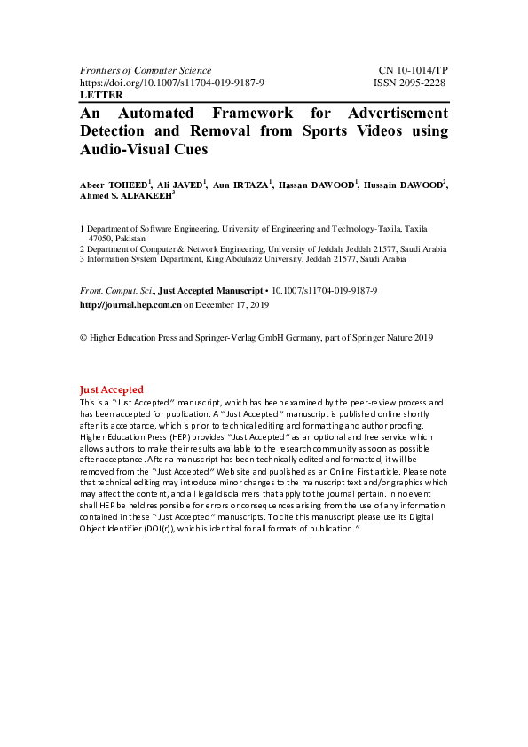 (PDF) An Automated Framework for Advertisement Detection and Removal from Sports Videos using ...