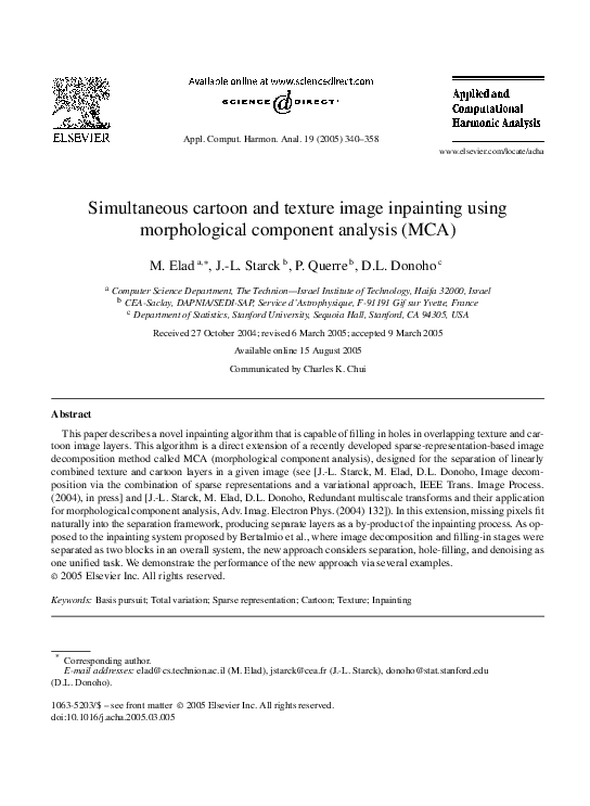 (PDF) Simultaneous cartoon and texture image inpainting using morphological component analysis (MCA)