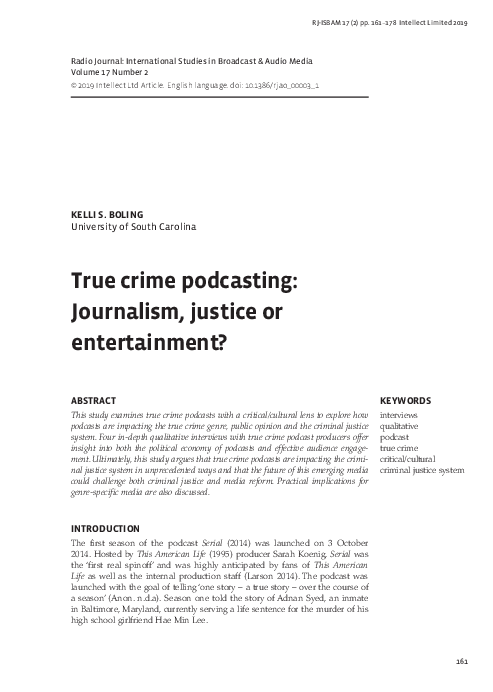 (PDF) True crime podcasting: Journalism, justice or entertainment?