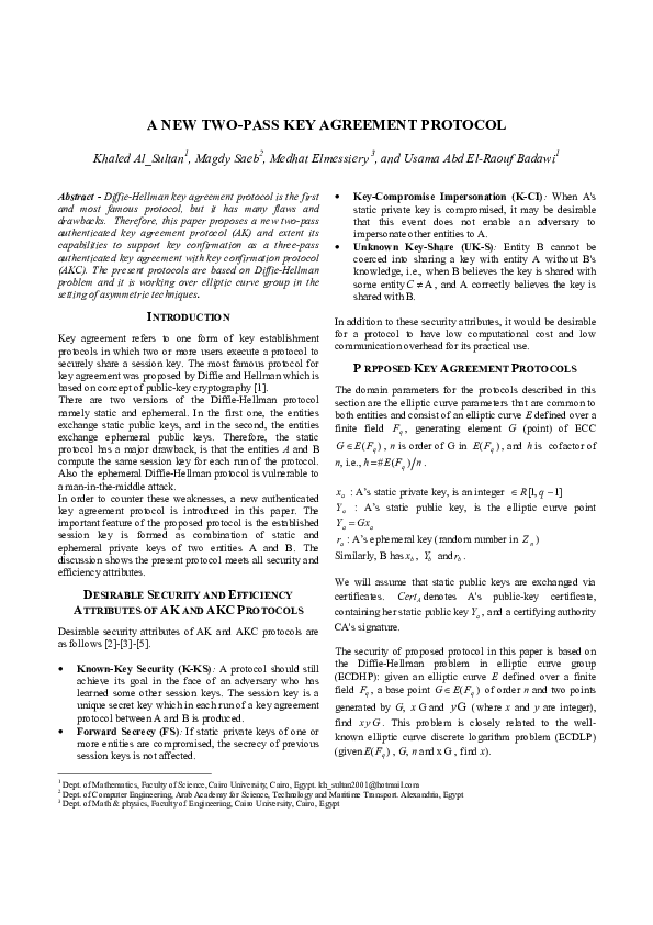 Pdf A New Two Pass Key Agreement Protocol