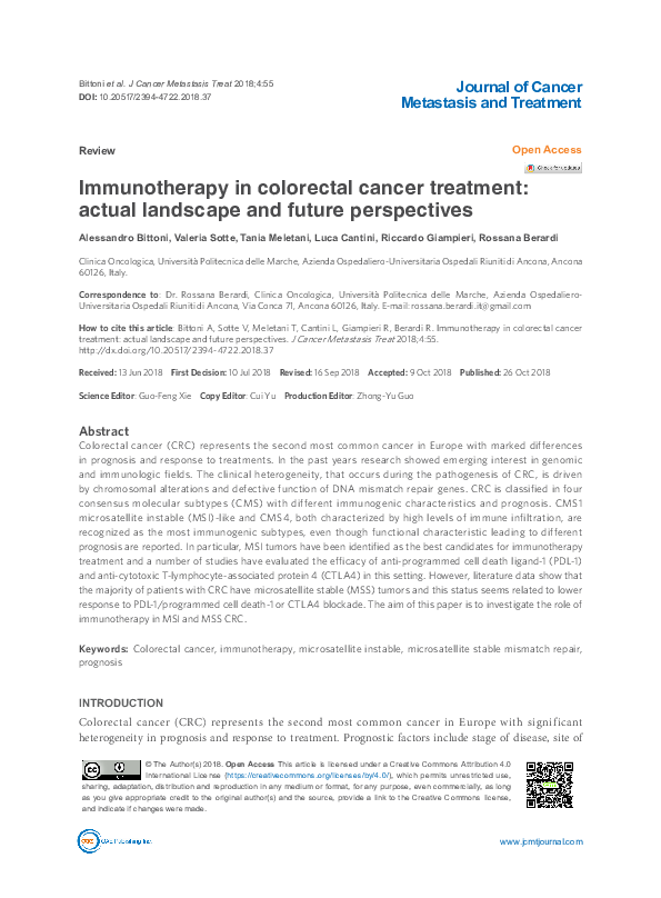 (PDF) Immunotherapy in colorectal cancer treatment: actual landscape ...