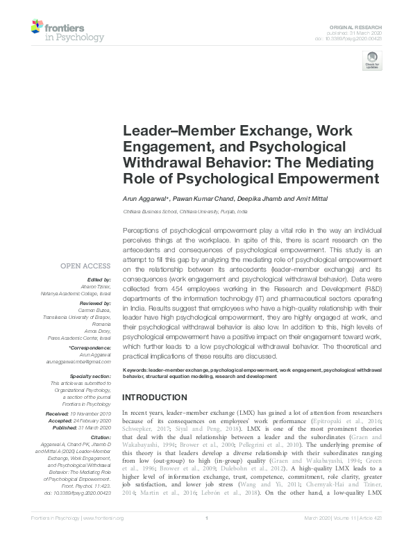 (PDF) Leader–Member Exchange, Work Engagement, and Psychological Withdrawal Behavior: The ...