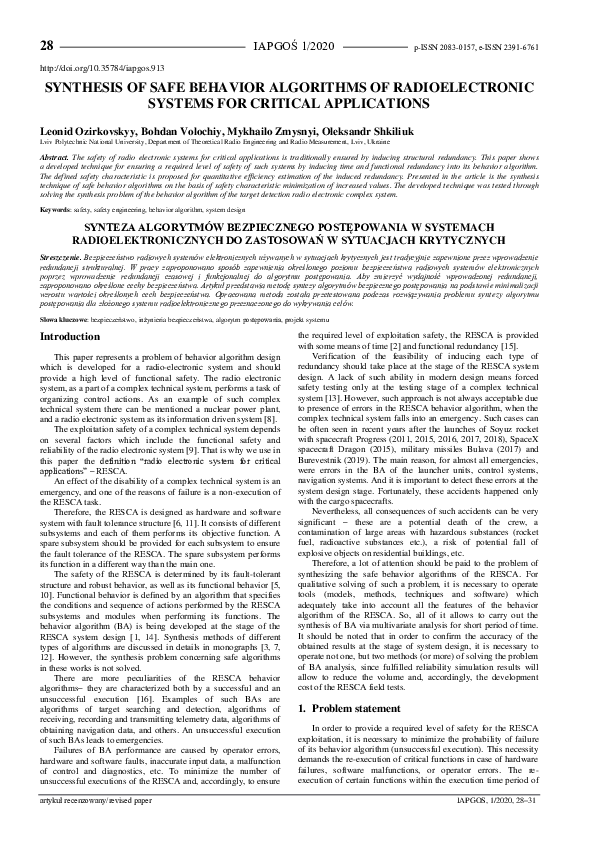 (PDF) SYNTHESIS OF SAFE BEHAVIOR ALGORITHMS OF RADIOELECTRONIC SYSTEMS ...