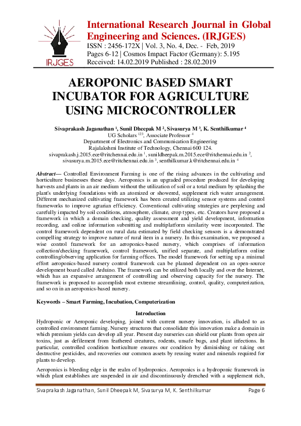 (PDF) Aeroponic Based Smart Incubator For Agriculture Using Microcontroller