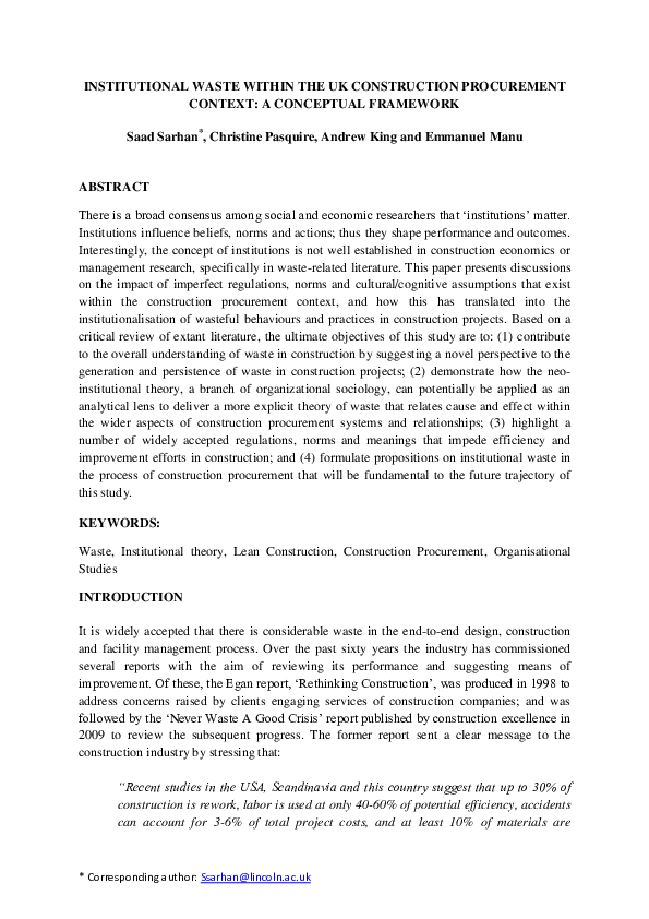 (PDF) INSTITUTIONAL WASTE WITHIN THE UK CONSTRUCTION PROCUREMENT ...