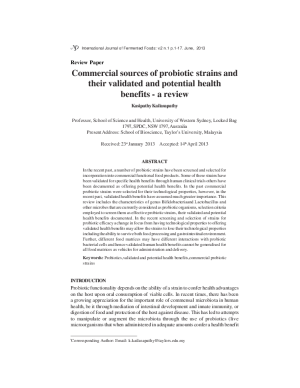 (PDF) Commercial sources of probiotic strains and their validated and ...