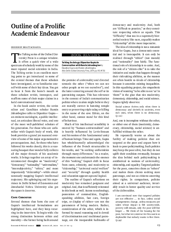 (PDF) Outline of a Prolific Academic Endeavour. Dipankar Gupta