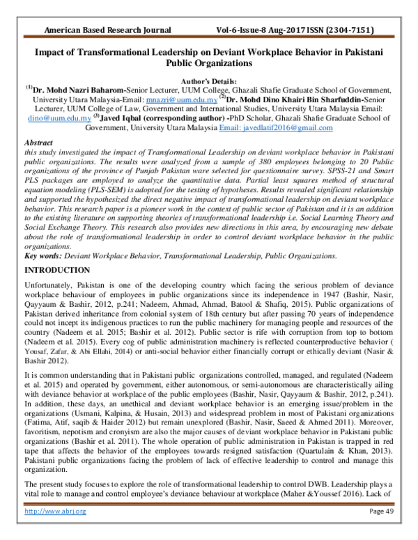 (PDF) Impact of Transformational Leadership on Deviant Workplace ...