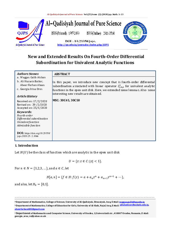 Pdf New And Extended Results On Fourth Order Differential Subordination For Univalent Analytic