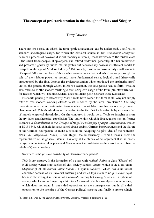 (PDF) The concept of proletarianization in the thought of Marx and Stiegler