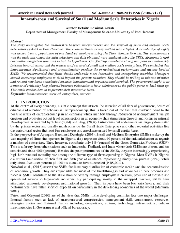 (PDF) Innovativeness and Survival of Small and Medium Scale Enterprises in Nigeria