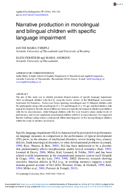 (PDF) Narrative production in monolingual and bilingual children with specific language impairment