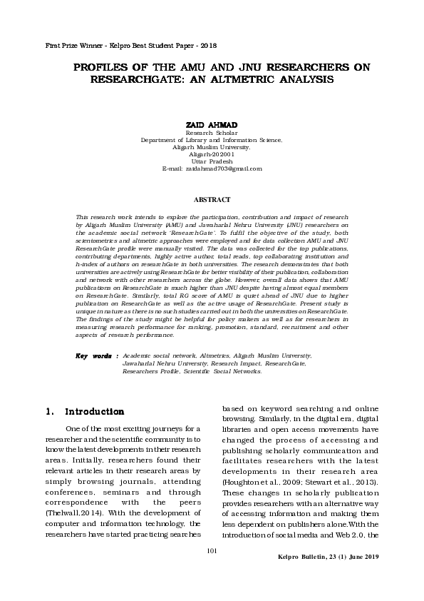 (PDF) Profiles of AMU and JNU Researchers on Researchgate: An Altmetric ...