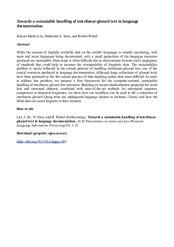 (PDF) Towards a sustainable handling of interlinear-glossed text in language documentation