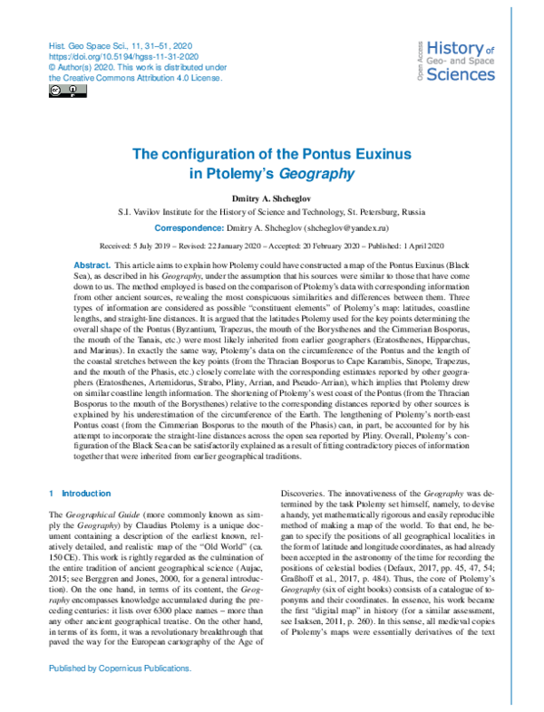 (PDF) The configuration of the Pontus Euxinus in Ptolemy's Geography