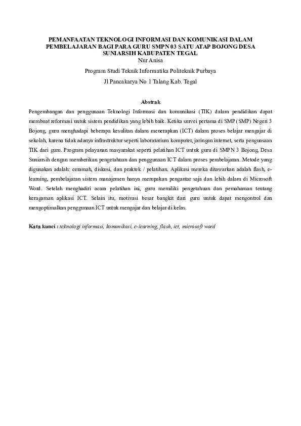 (PDF) PEMANFAATAN TEKNOLOGI INFORMASI DAN KOMUNIKASI DALAM PEMBELAJARAN BAGI PARA GURU SMPN 03 ...