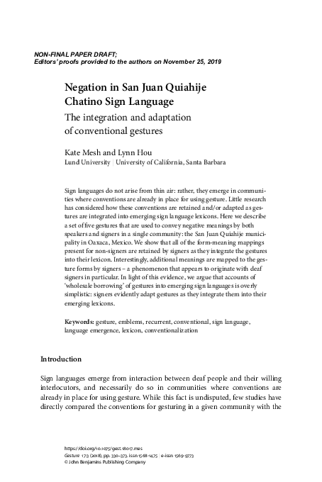(PDF) Negation in San Juan Quiahije Chatino Sign Language The ...