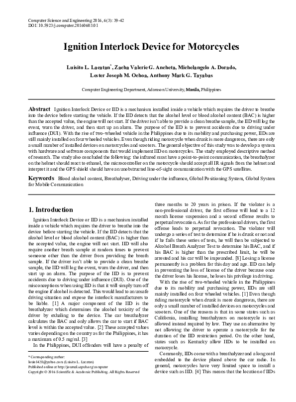 (PDF) Ignition Interlock Device for Motorcycles