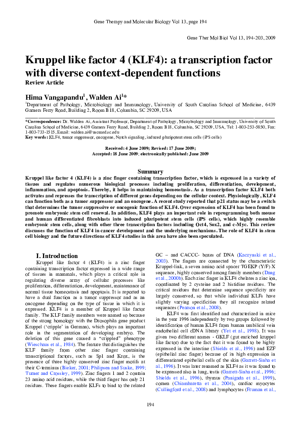 (PDF) Kruppel like factor 4 (KLF4): a transcription factor with diverse ... (PDF) Kruppel like factor 4 (KLF4): a transcription factor with diverse ...