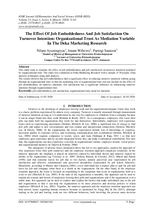 (PDF) The Effect Of Job Embeddedness And Job Satisfaction On Turnover ...