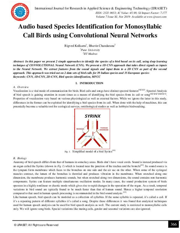 (PDF) Audio based Species Identification for Monosyllabic Call Birds using Convolutional Neural ...