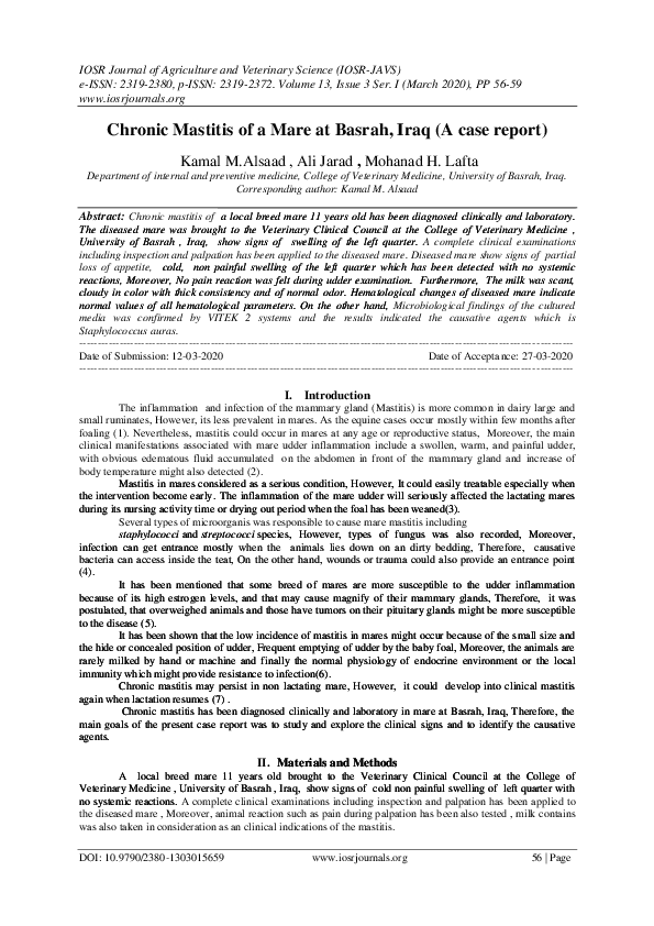 (PDF) Chronic Mastitis of a Mare at Basrah, Iraq (A case report