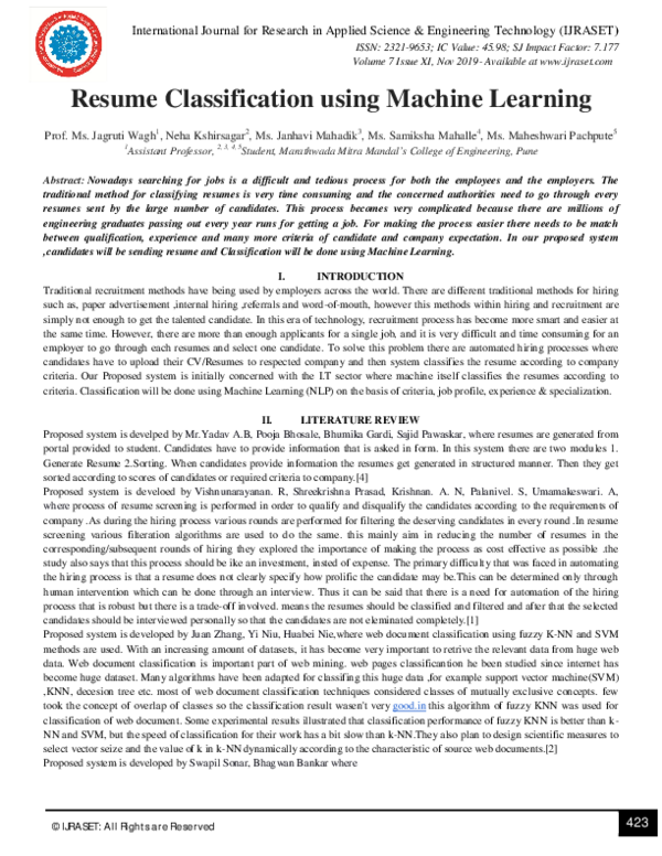 (PDF) Resume Classification using Machine Learning
